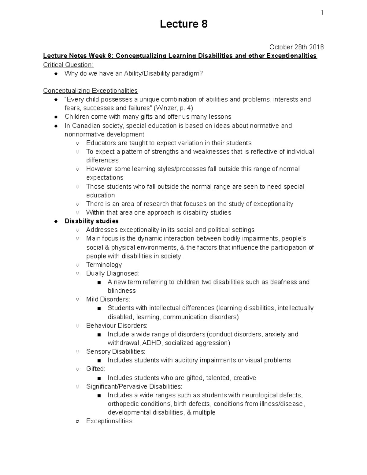 Lecture 08 October 28 - Danielle Molnar & Shauna Pomerantz - 1 Lecture ...