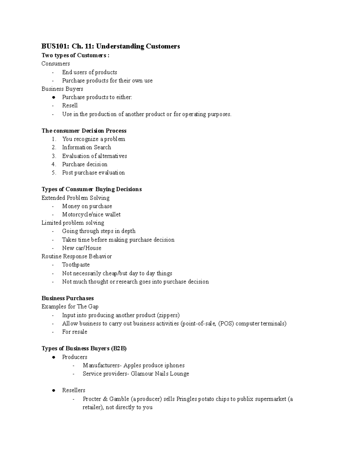 BUS101 Ch. 11 Understanding Customers - BUS101: Ch. 11: Understanding ...