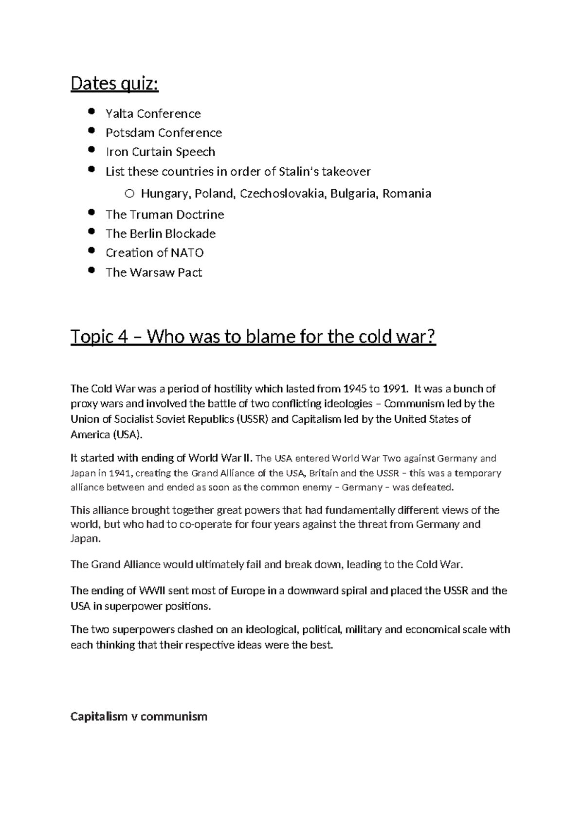 Lesson 1 - Who was to blame for the cold war - Dates quiz: Yalta ...