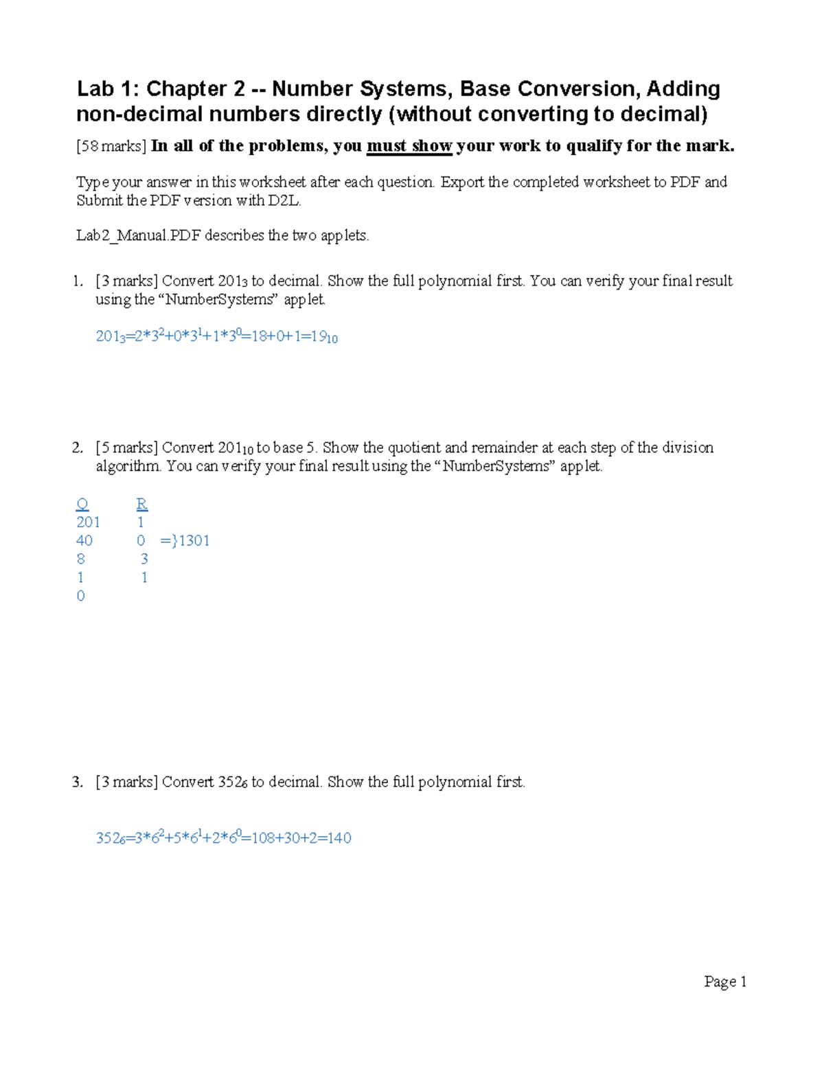 Lab 1 worksheet 1 - LAB1 done - Lab 1: Chapter 2 - Number Systems, Base ...