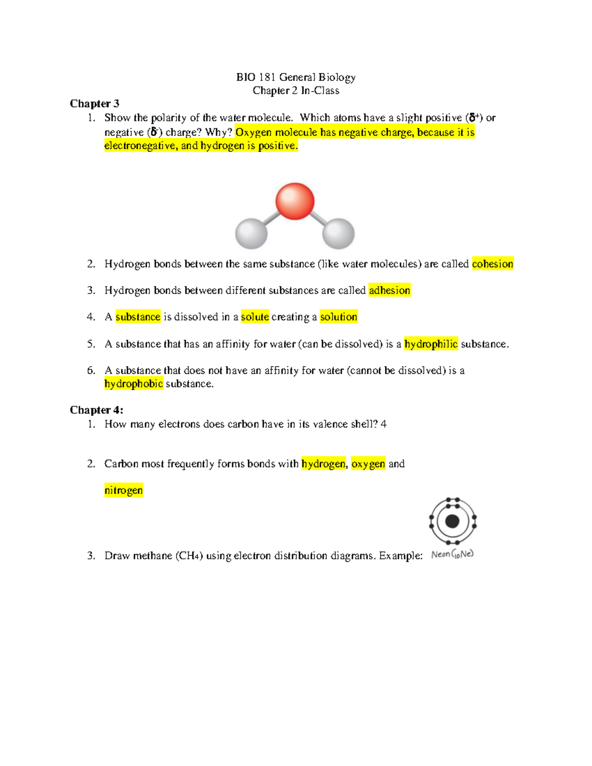 BIO 181 Homework IC 3-4 - for adam neals - BIO 181 General Biology Chapter 2 In-Class Chapter 3 ...
