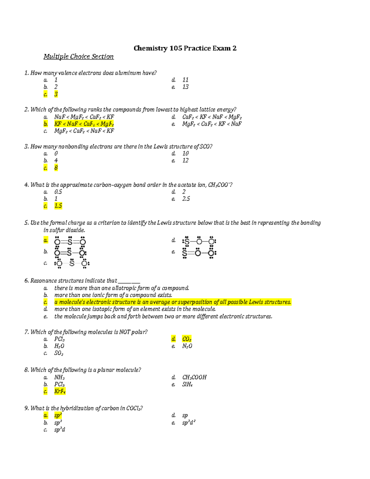 Exam 2 Practice KEY - lecture slides - Chemistry 105 Practice Exam 2 ...
