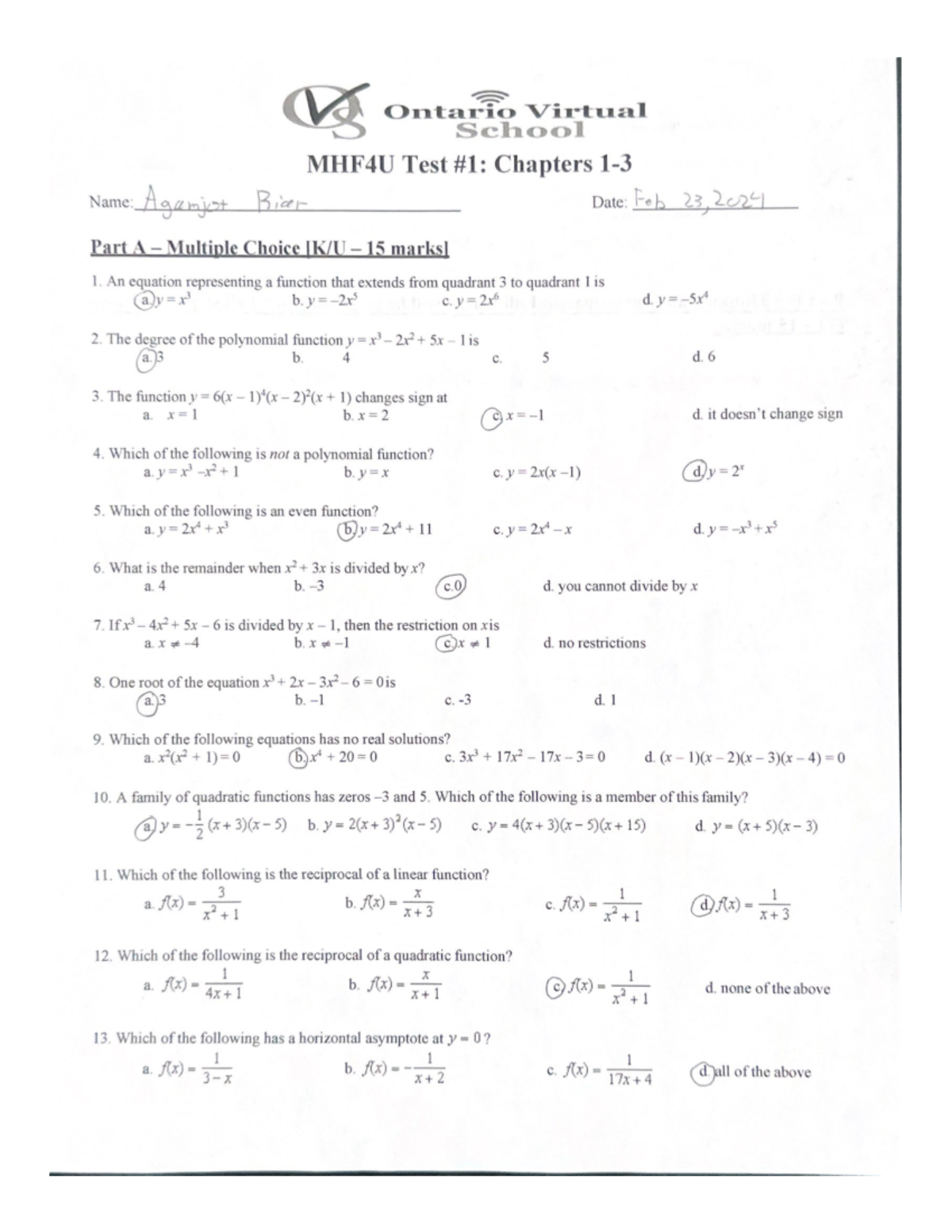 MHF4U Test #1 Chapters 1-3 - Studocu