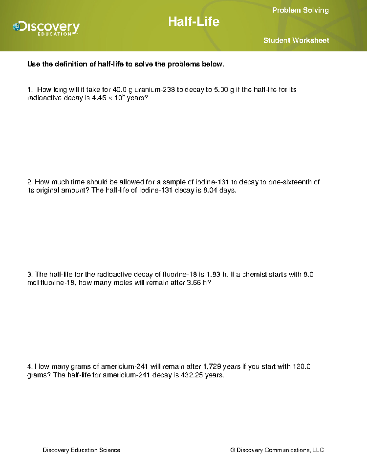CHEM Nuclear Chemistry Nuclear Chemistry Student Worksheet Halflife ...