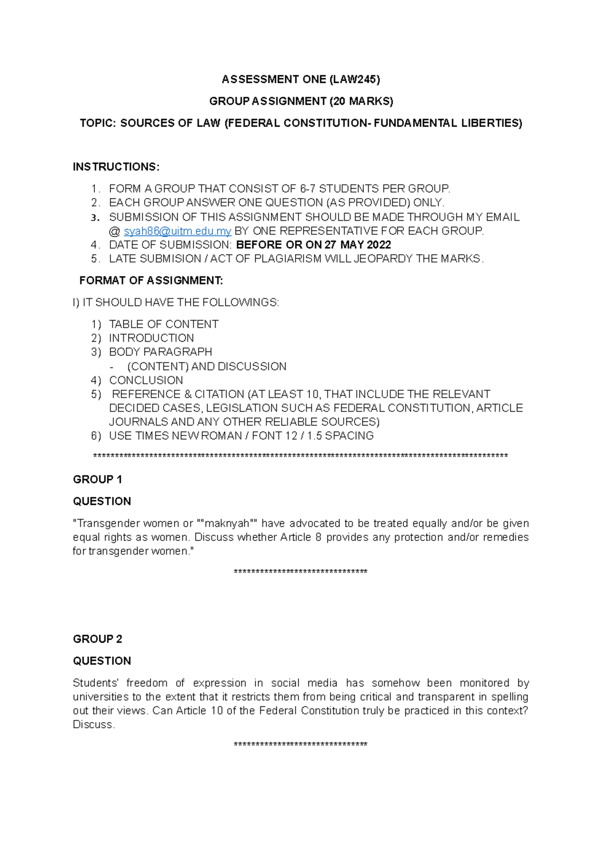 Assessment ONE - law - ASSESSMENT ONE (LAW245) GROUP ASSIGNMENT (20 ...