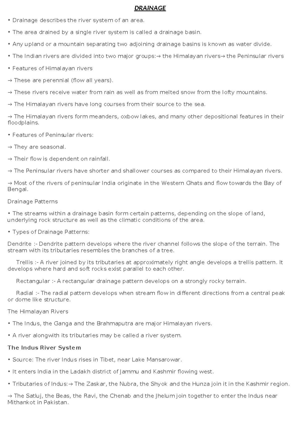 GEO HY Notes - DRAINAGE Drainage describes the river system of an area ...