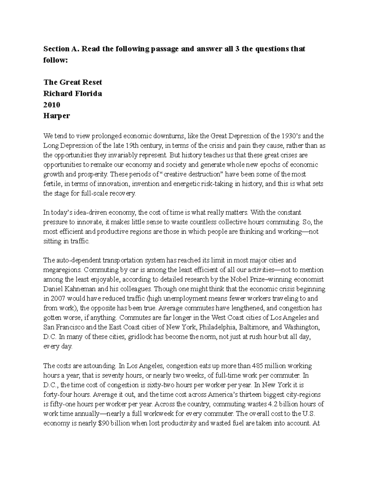 Sample-Midterm-Question - Section A. Read the following passage and ...