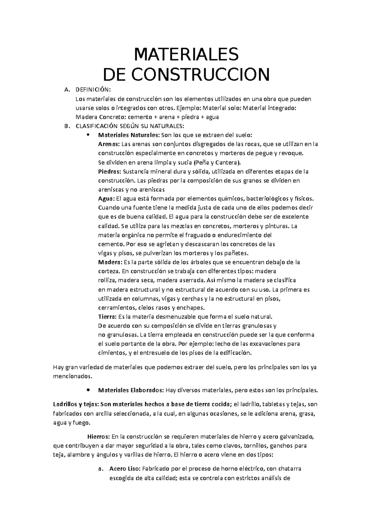 Materiales - MATERIALES DE CONSTRUCCION A. DEFINICIÓN: Los materiales ...