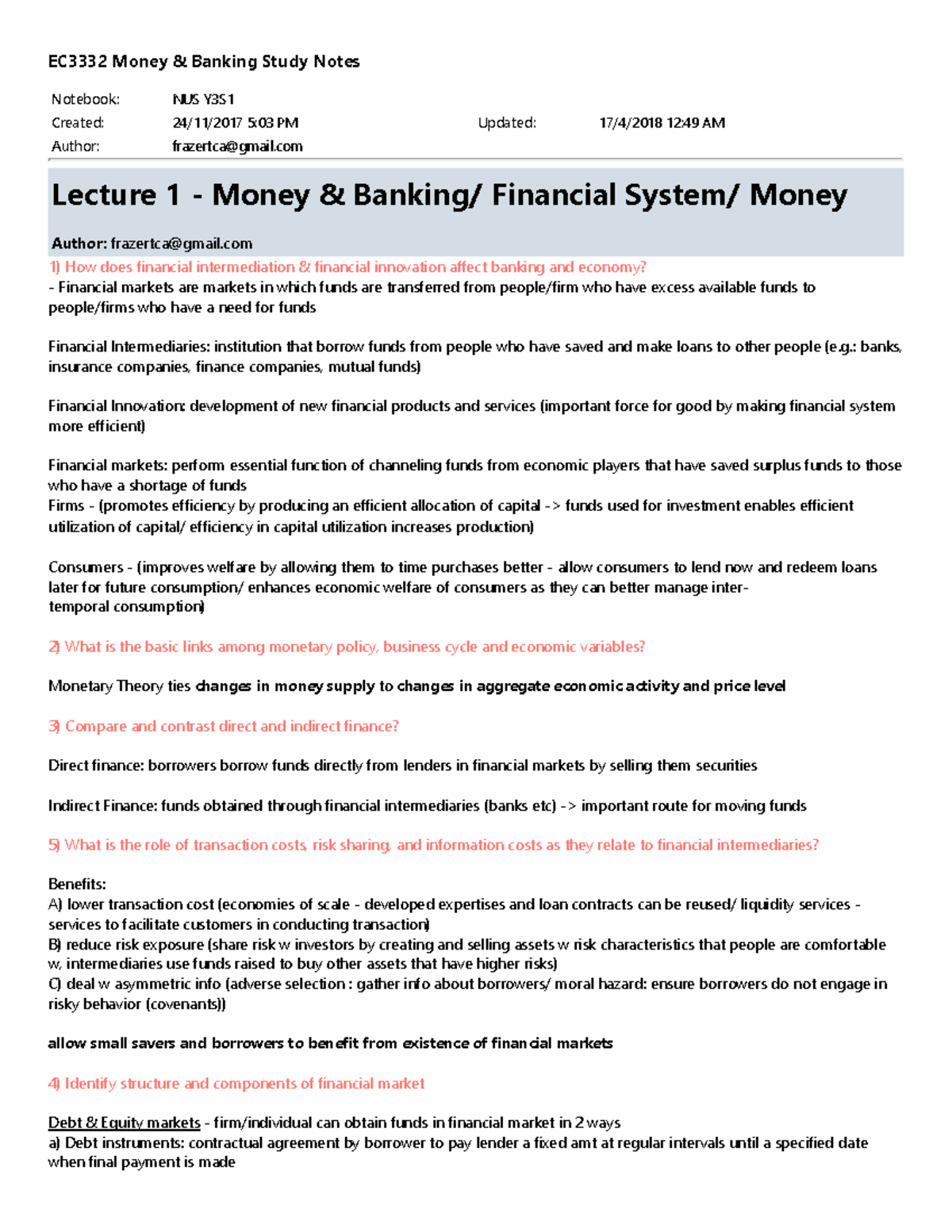 EC3332 Money & Banking Study Notes - Money Banking Study Notes Notebook ...