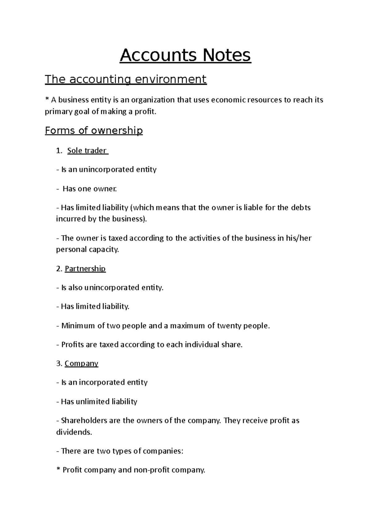 Accounts Notes. The Accounting Equation and Forms of ownership ...
