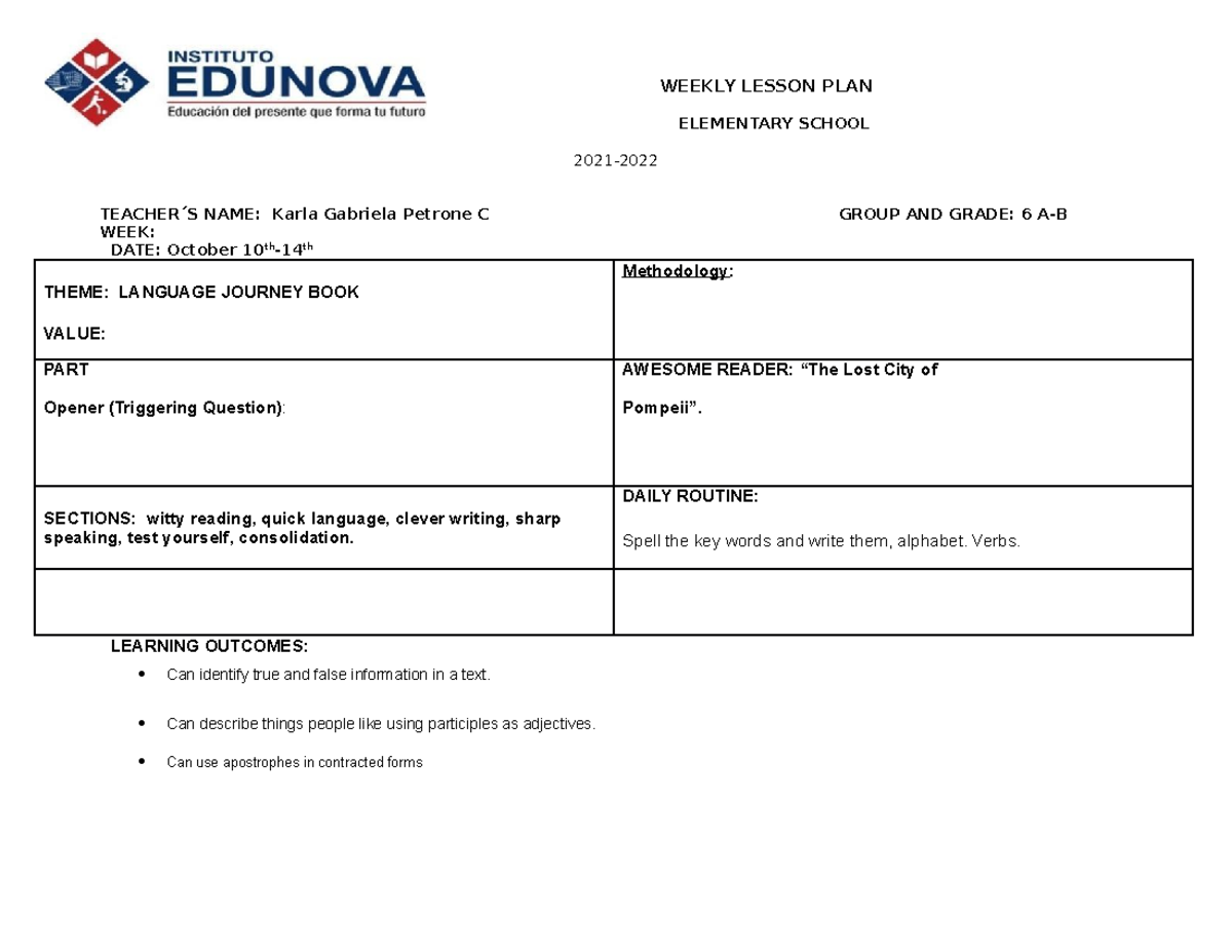 WEEK September 12th– September 16th - WEEKLY LESSON PLAN ELEMENTARY ...