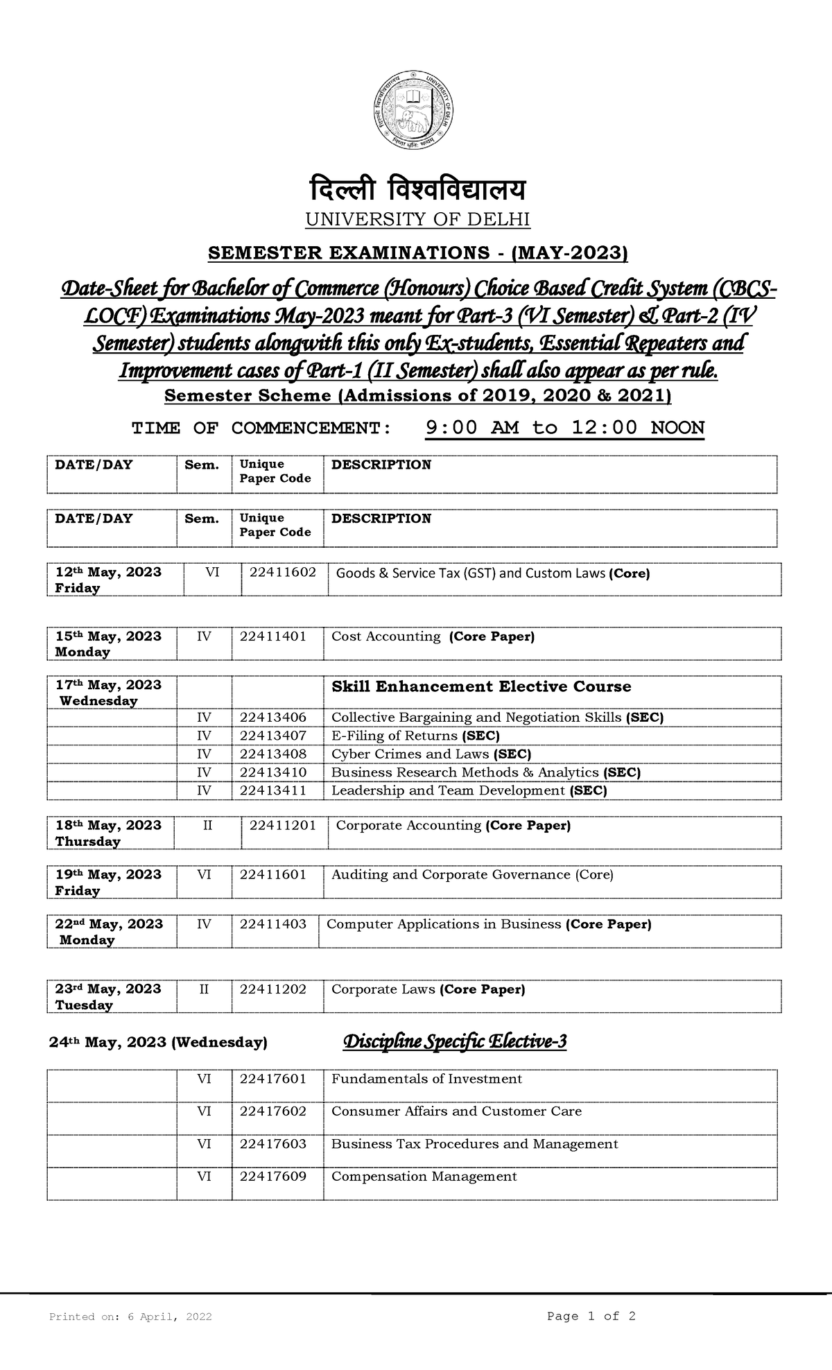 BCOM (Hons) -2023-Sem - .... - Printed on: 6 April, 2022 Page 1 of 2 ...