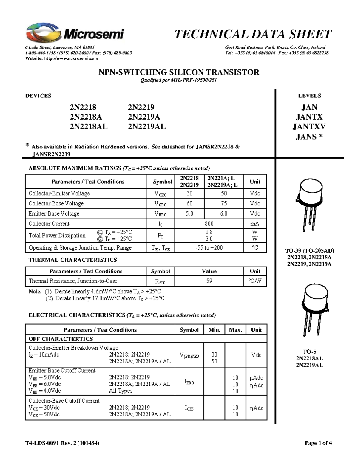 Microsemi-2N2219A-datasheet - 6 Lake Street, Lawrence, MA 01841 Gort ...