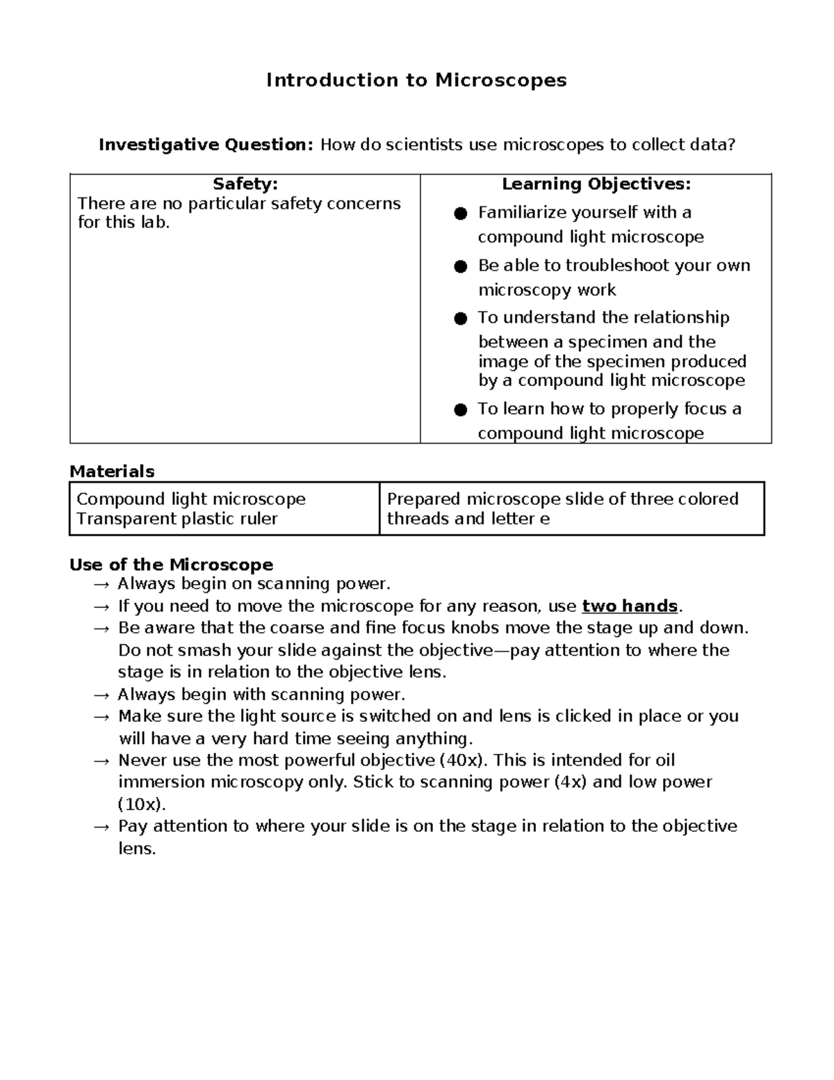 Introduction to Microscopes Activity - Introduction to Microscopes Investigative Question: How ...