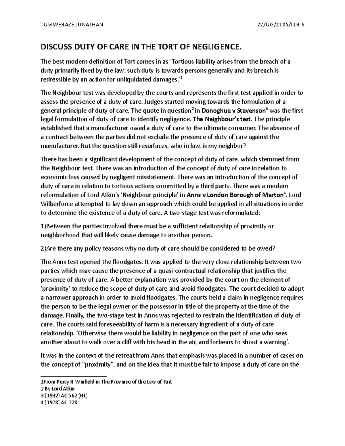 Tort CW 1 - Exam preparation - TUMWEBAZE JONATHAN 22/UG/2105/LLB-S ...