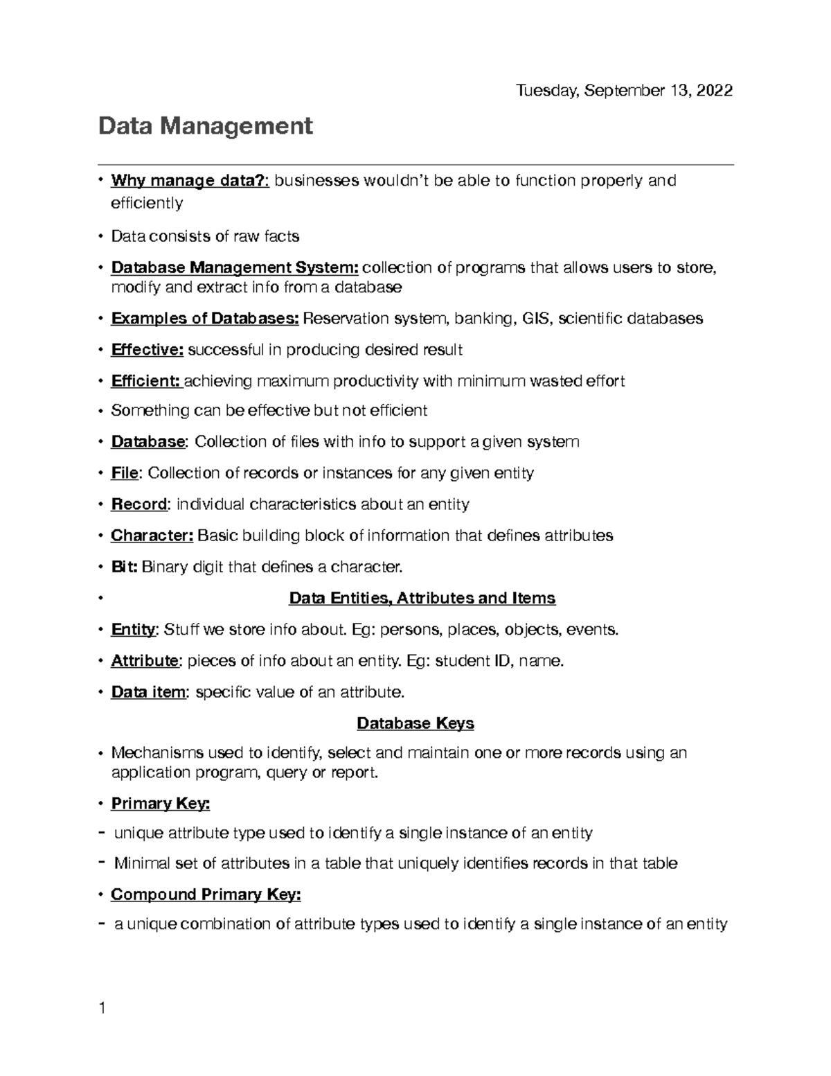 Data Management pdf - Intro to data and its key variables and points ...