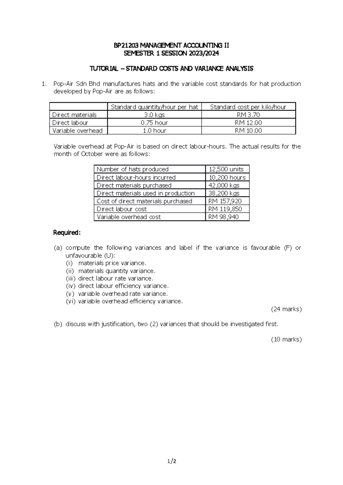 MA II Tutorial Chapter 3 - BP21203 MANAGEMENT ACCOUNTING II SEMESTER 1 ...
