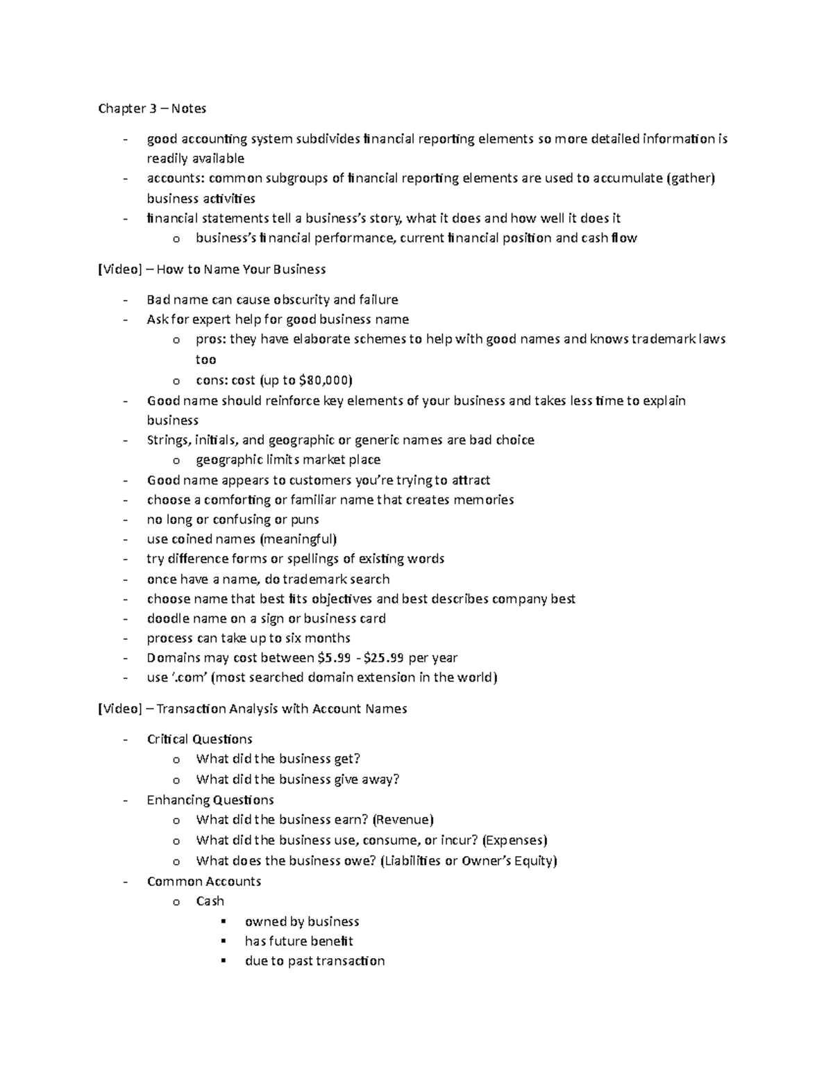 Chapter 3 Notes - Chapter 3 Notes good accounting system subdivides ...