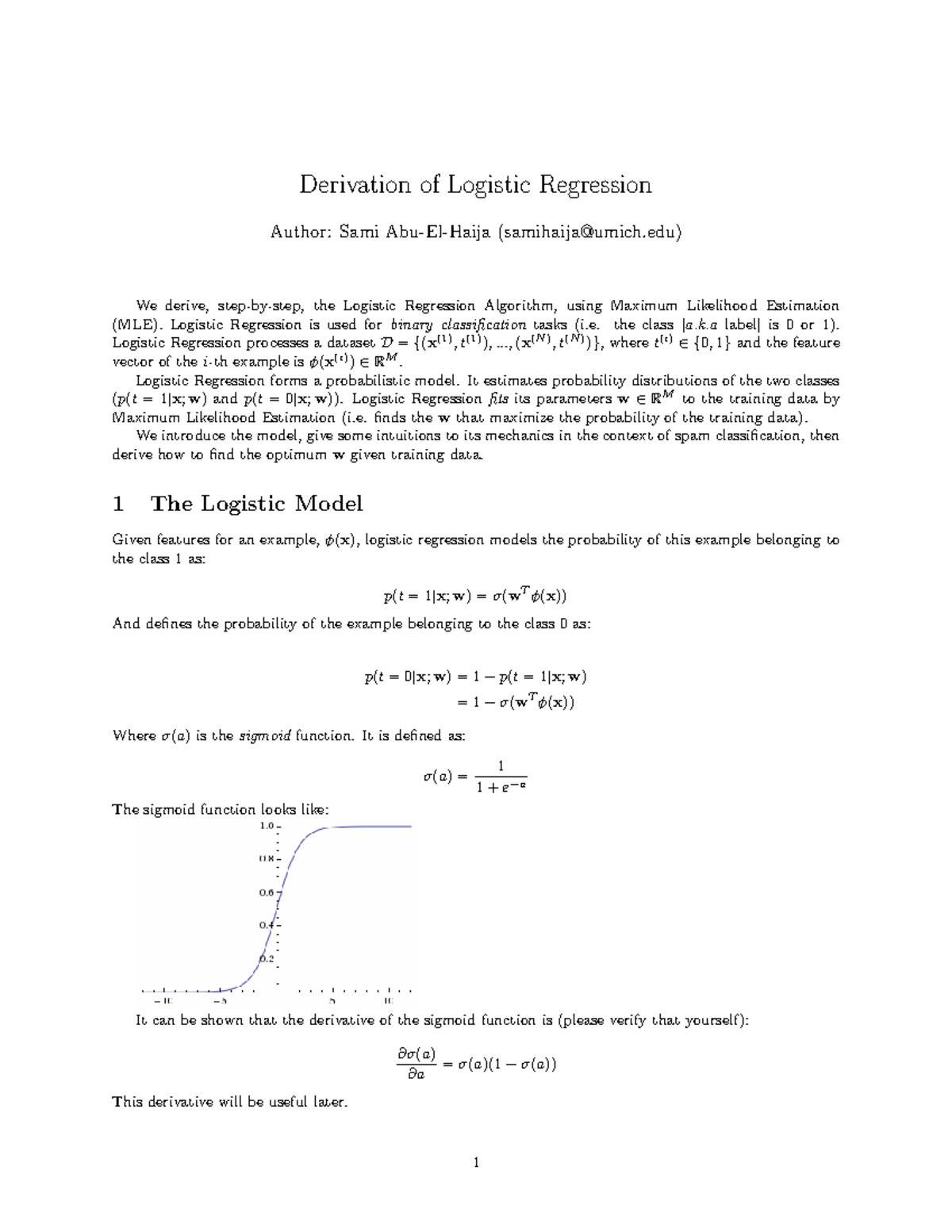 Derivation Logistic Regression Derivation Of Logistic Regression
