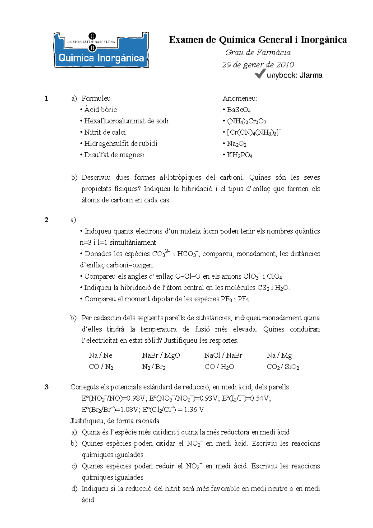 Examen quimica general i inorganica 1 - Examen de General i Grau de 29 de gener de 2010 unybook ...