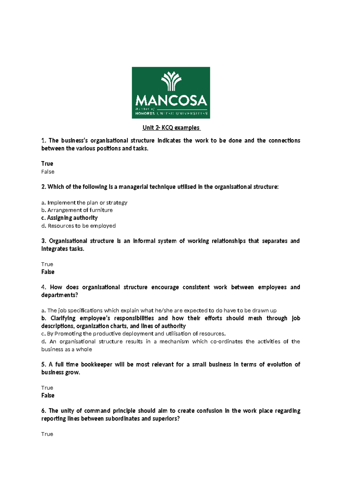 Unit 2- Answers - KCQ - Unit 2- KCQ examples The business’s ...