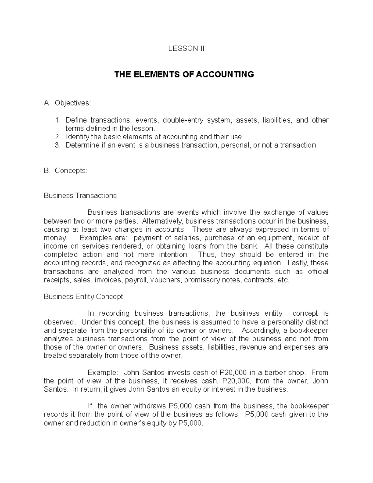 Lesson 2 Accounting Elements - LESSON II THE ELEMENTS OF ACCOUNTING A ...