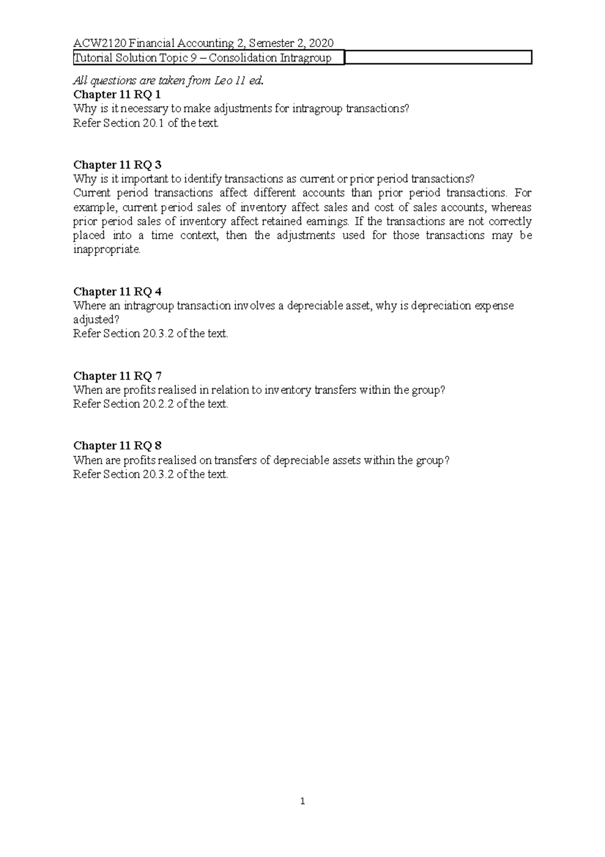 Tute 9 - tutorial question and solution - Tutorial Solution Topic 9 ...