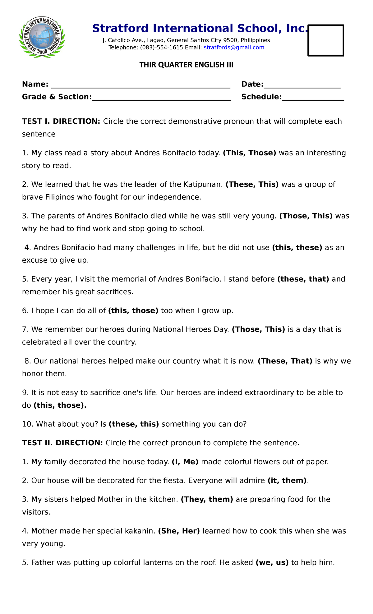 Grade-3-Examination - Sample Exam for Grade 3 - Stratford International ...