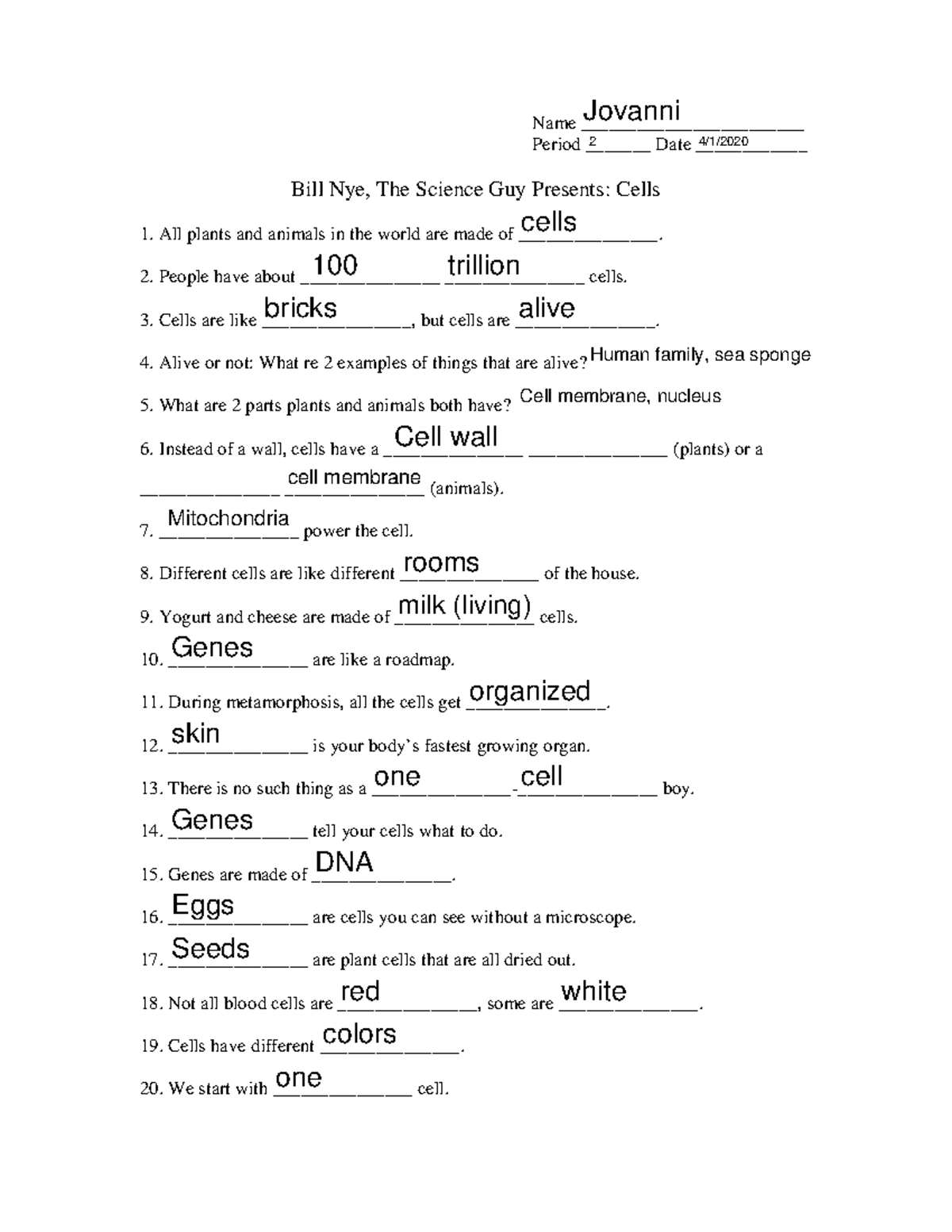 Cells work - Name ________________________ Period _______ Date ...