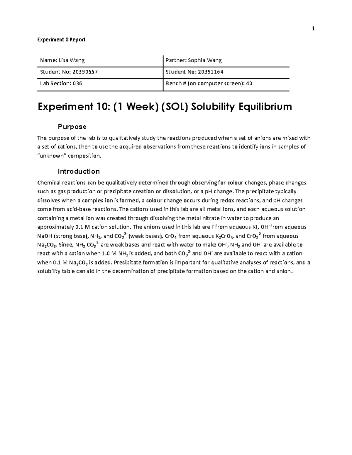 LAB Solubility Equilibrium - Experiment 8 Report Name: Lisa Wang ...