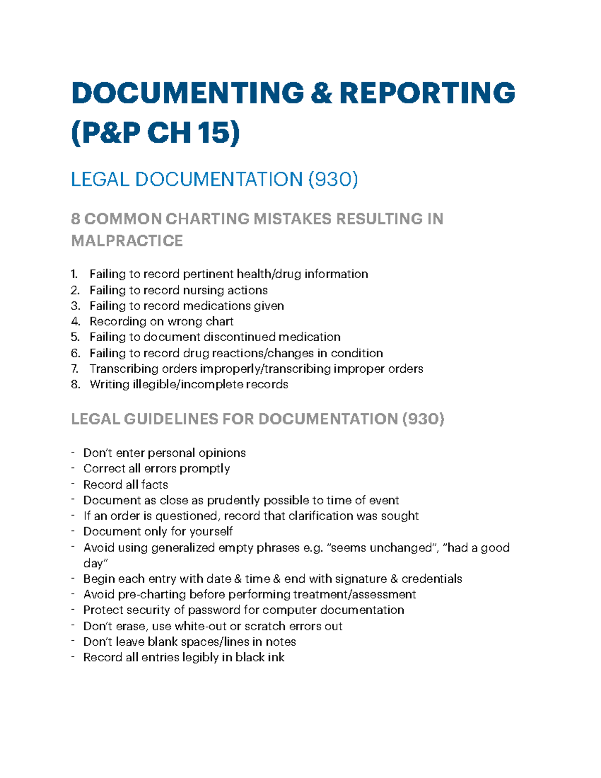 Module 9 - DOCUMENTING & REPORTING (P&P CH 15) LEGAL DOCUMENTATION (930 ...