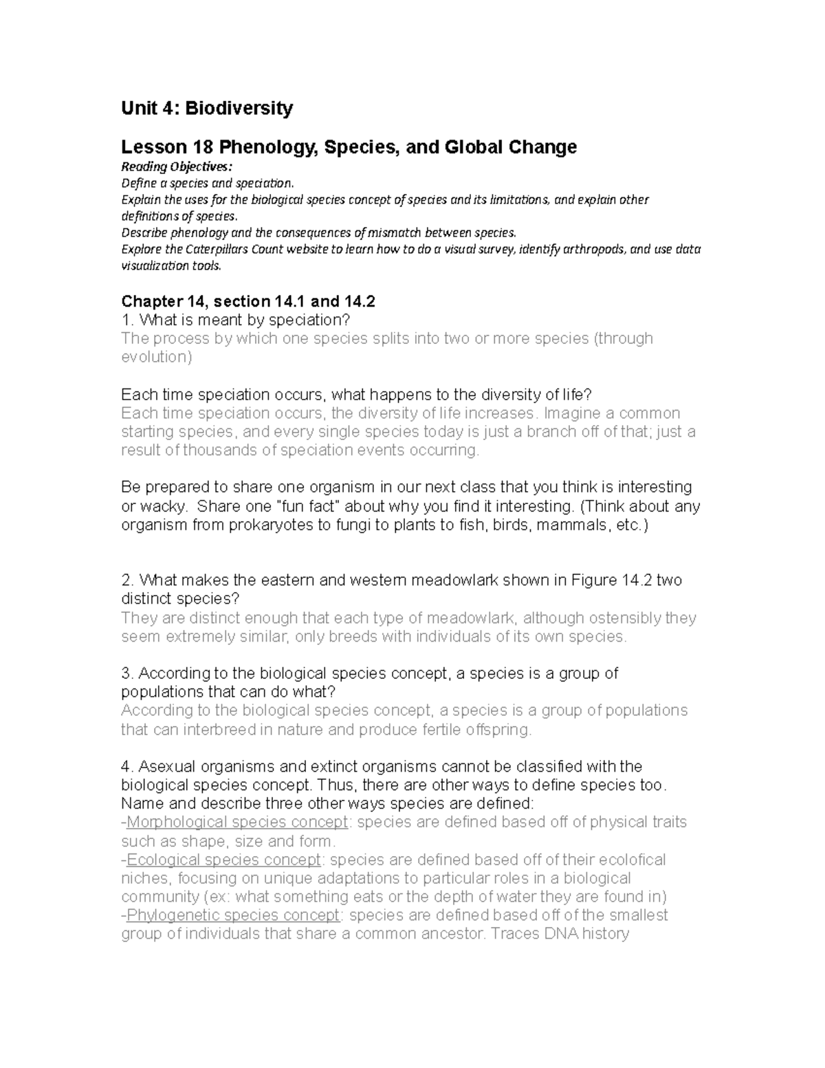 L18 GRQs Phenology and Species - Unit 4: Biodiversity Lesson 18 ...
