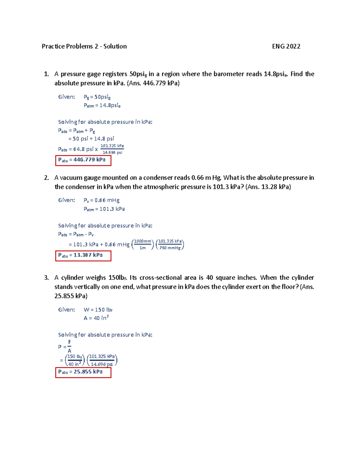 Scribd - Notes - Practice Problems 2 - Solution ENG 2022 1. A pressure ...