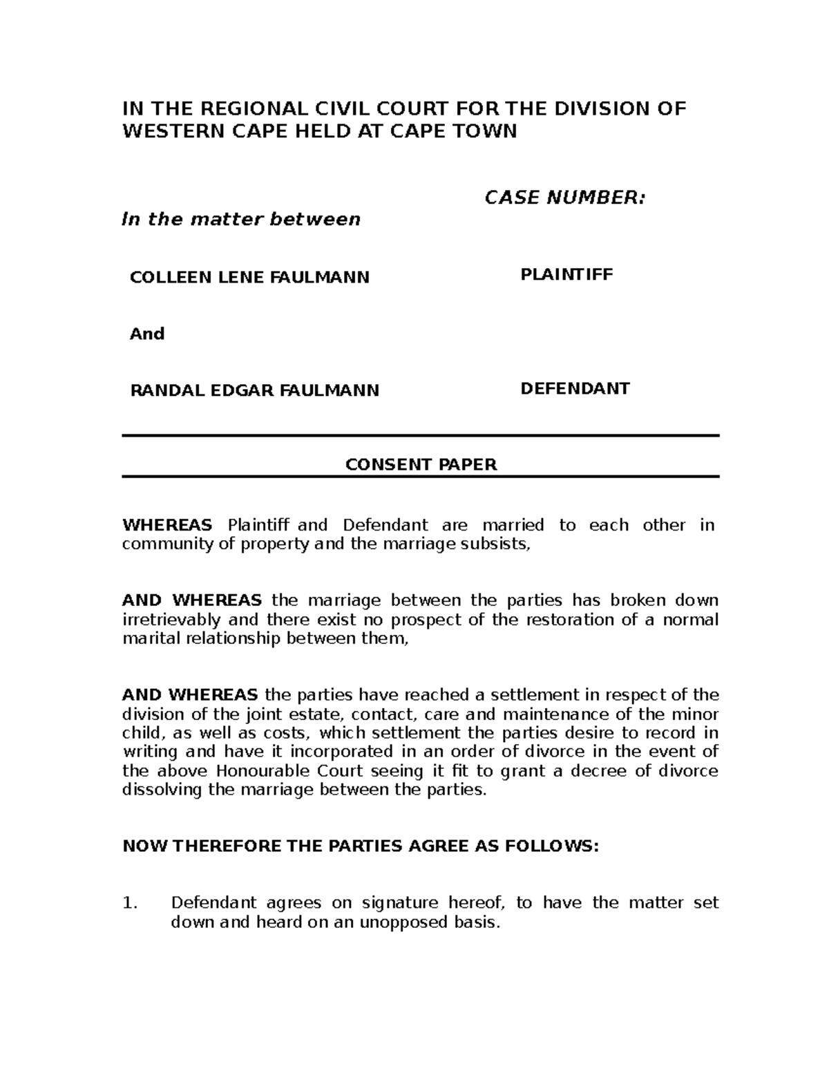 Consent Paper - asdasdd - IN THE REGIONAL CIVIL COURT FOR THE DIVISION ...