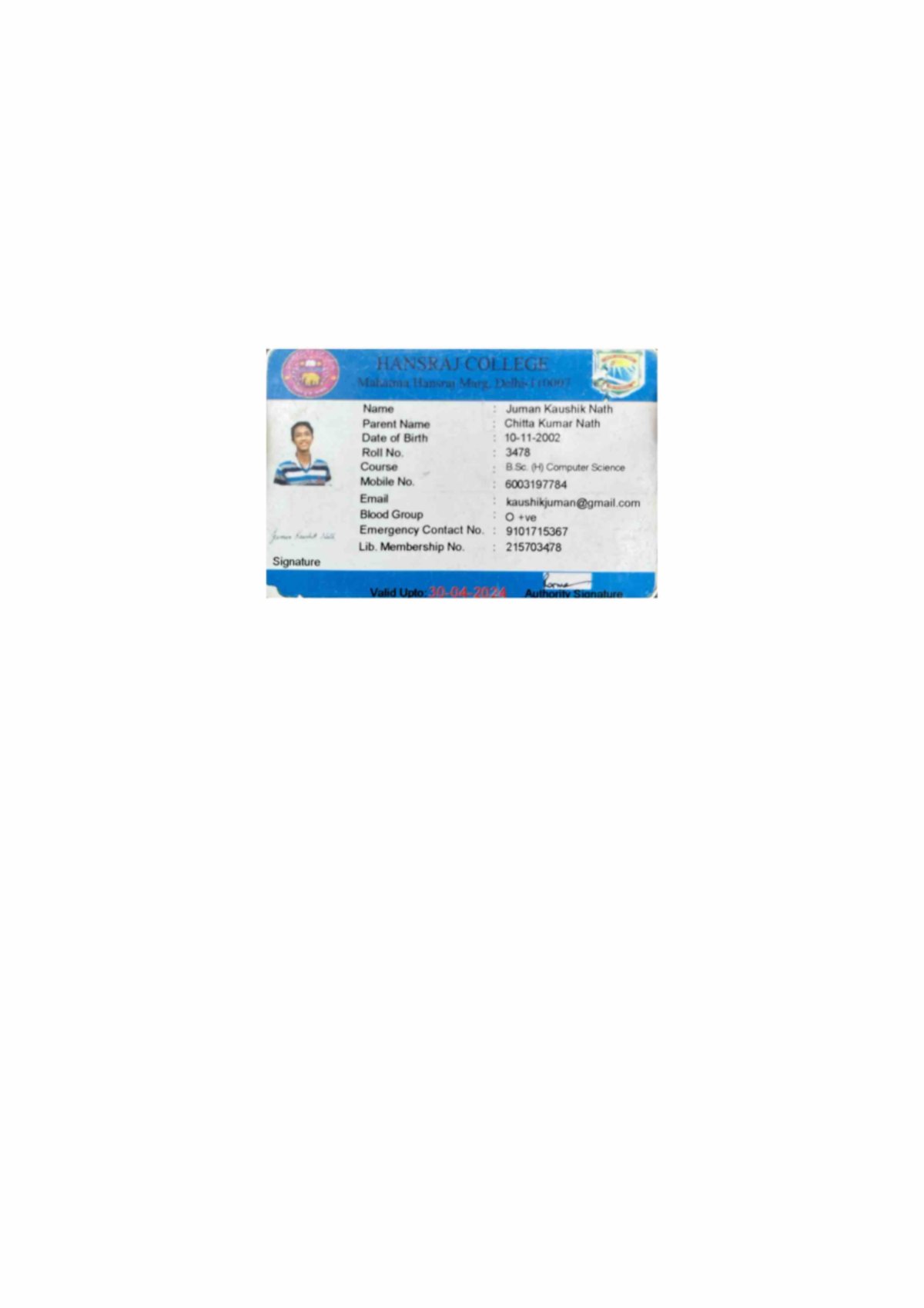 Juman ID card - B.A Economics - Signature P~reinf Name Date of B11rf h ...