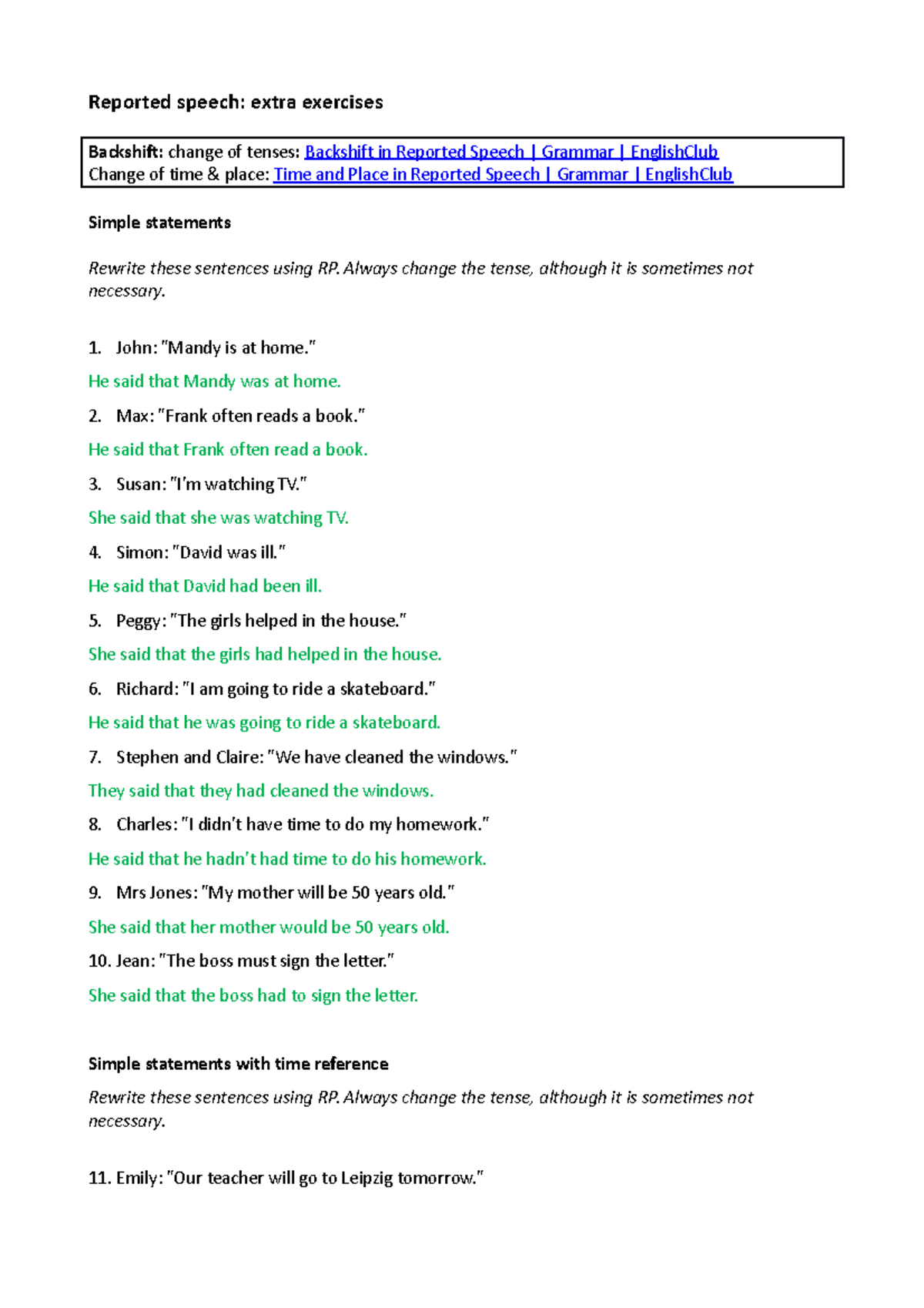 Extra ex reported speech solutions - Reported speech: extra exercises ...