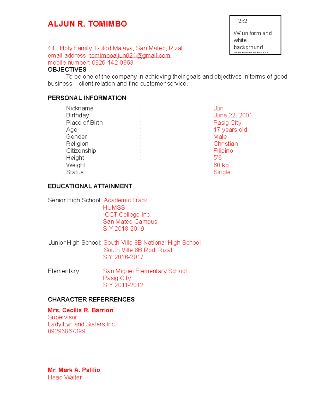 Format Resume - ALJUN R. TOMIMBO 4 Lt Holy Family. Gulod Malaya, San ...