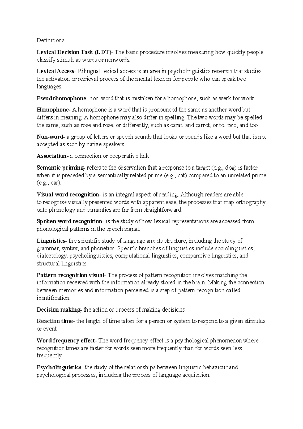 PSYC definitions - Definitions Lexical Decision Task (LDT)- The basic ...