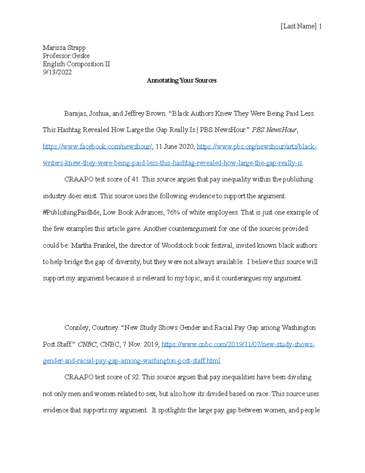 Annotating Your Sources - [Last Name] 1 Marissa Strapp Professor Geske ...