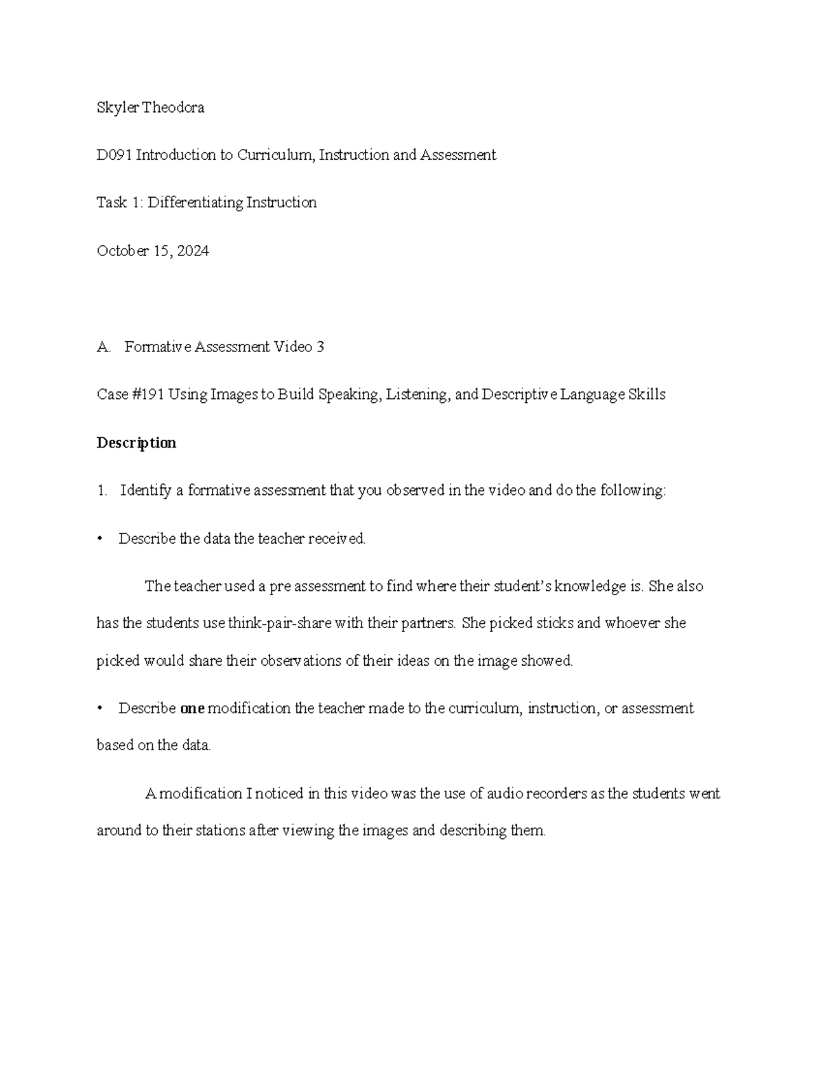 Task 1 D091 - Passed first try! - Skyler Theodora D091 Introduction to Curriculum, Instruction ...