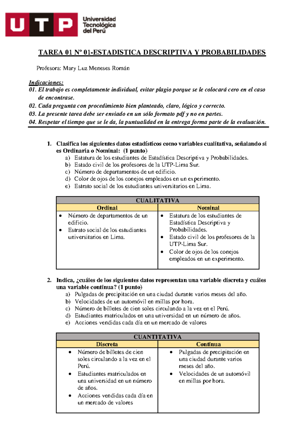 Tareaestadistica 1 - Practica - Warning: TT: undefined function: 32 TAREA 01 Nº 01-ESTADISTICA ...