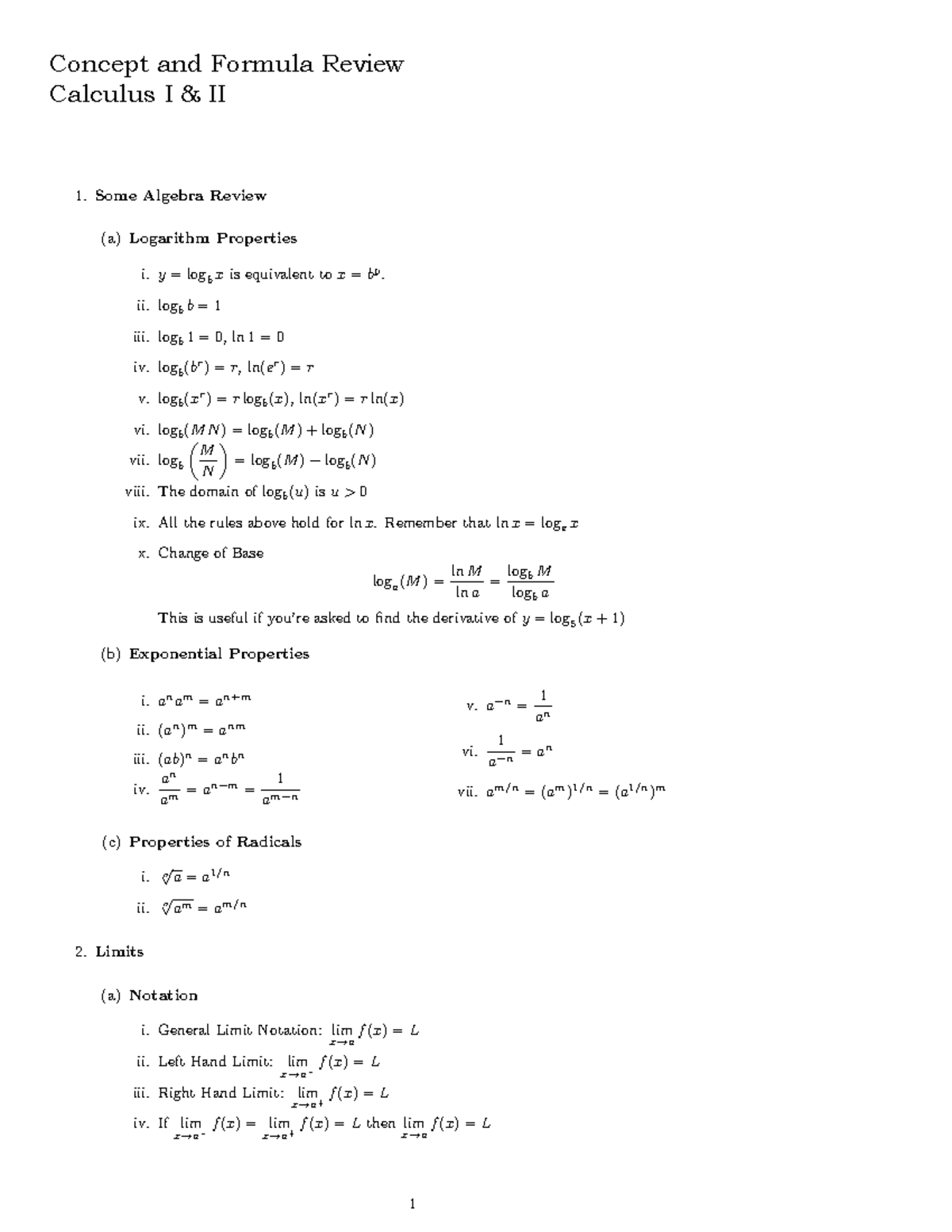 Concept and Formula Review Calc I II - 1 Algebra Review (a)Logarithm ...