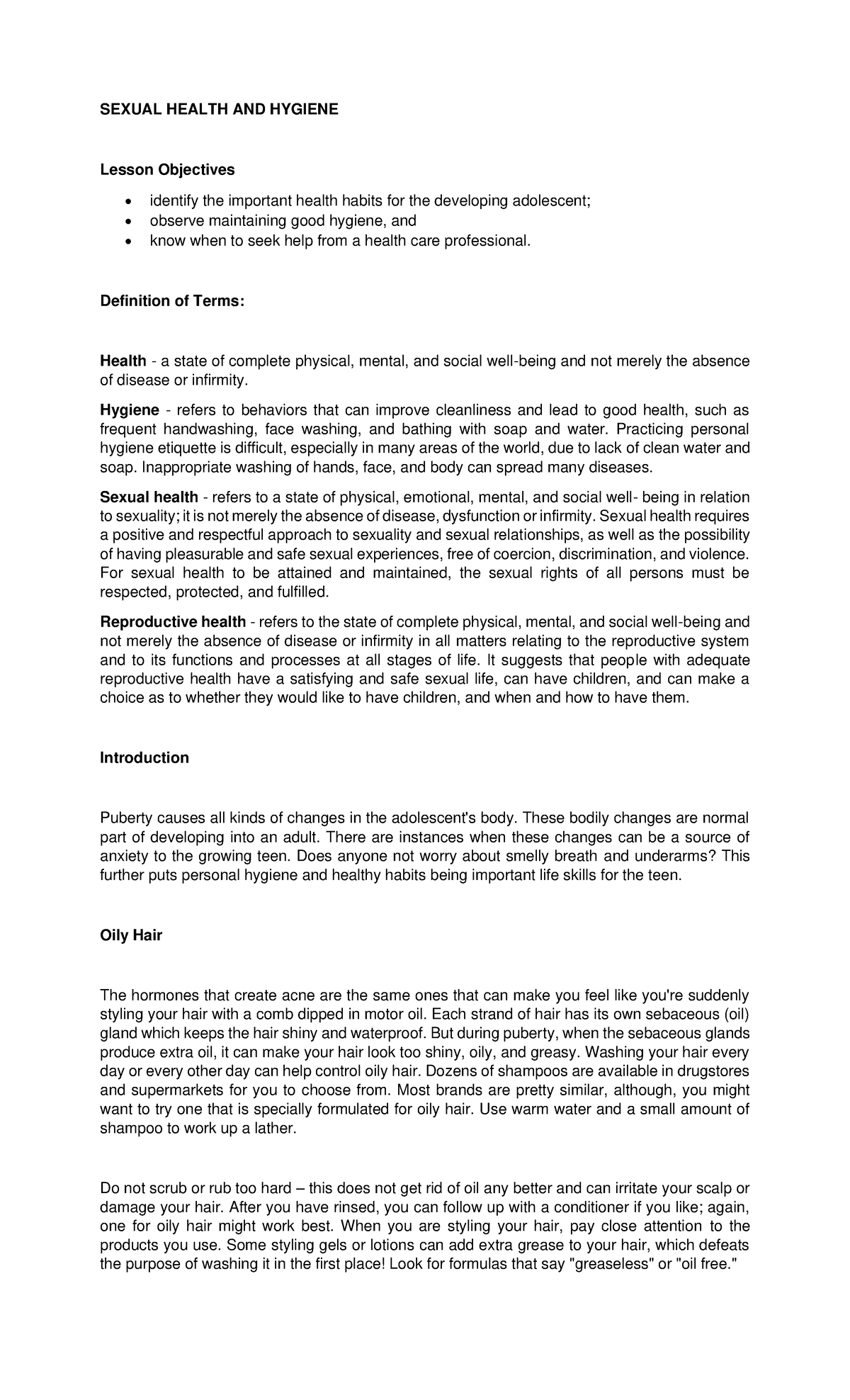 Sexual Health AND Hygiene - SEXUAL HEALTH AND HYGIENE Lesson Objectives ...