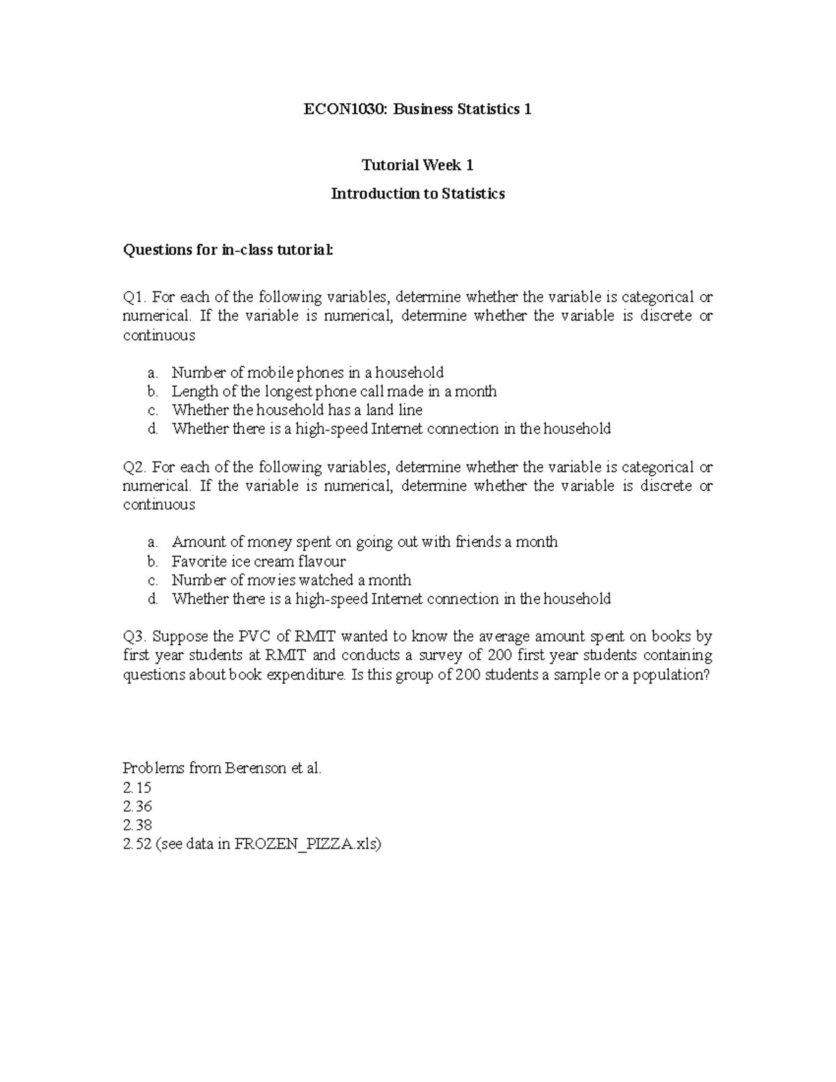 Lecture Notes Weeks 1 2 10 Doc Econ1030 Business Statistics 1 Tutorial Week 1 Introduction