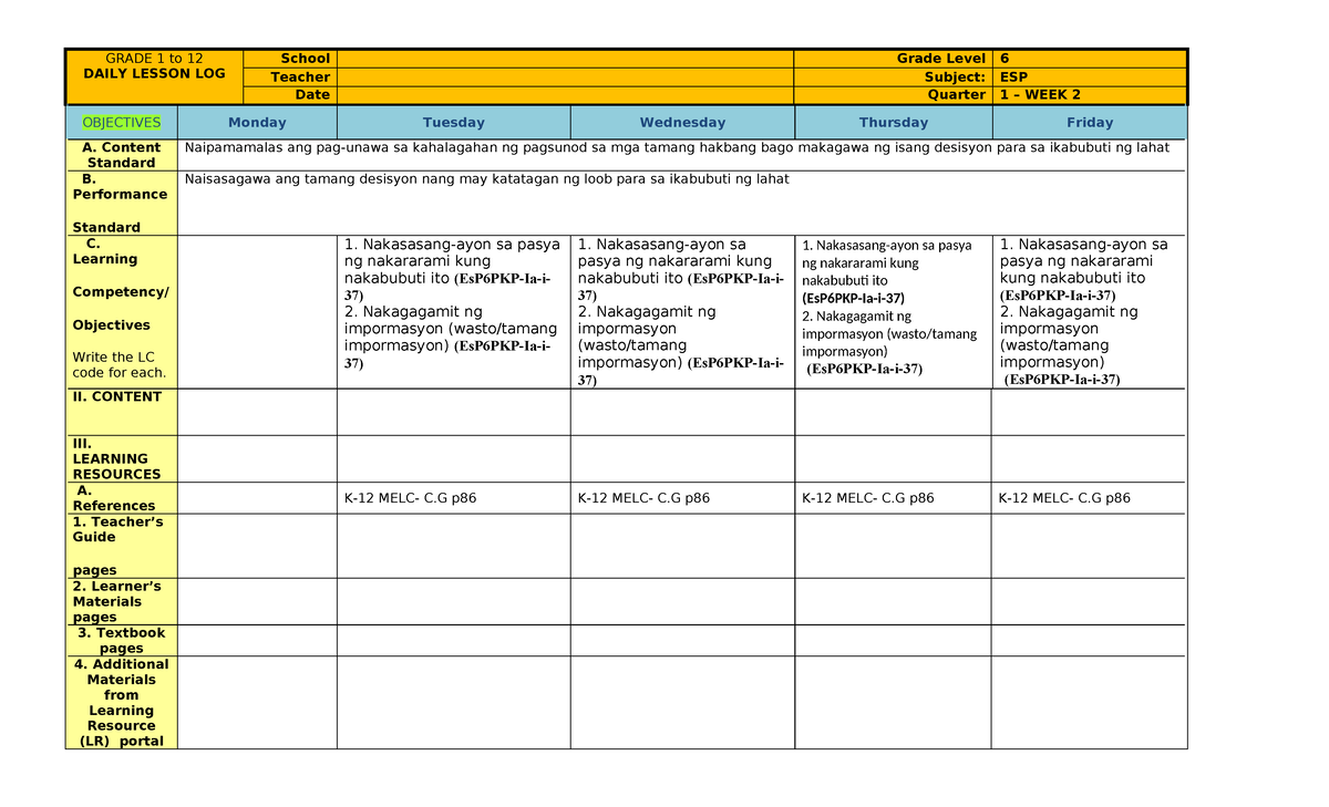 WEEK2-dll-ESP - DLL ESP 6 - GRADE 1 to 12 DAILY LESSON LOG School Grade Level 6 Teacher Subject ...