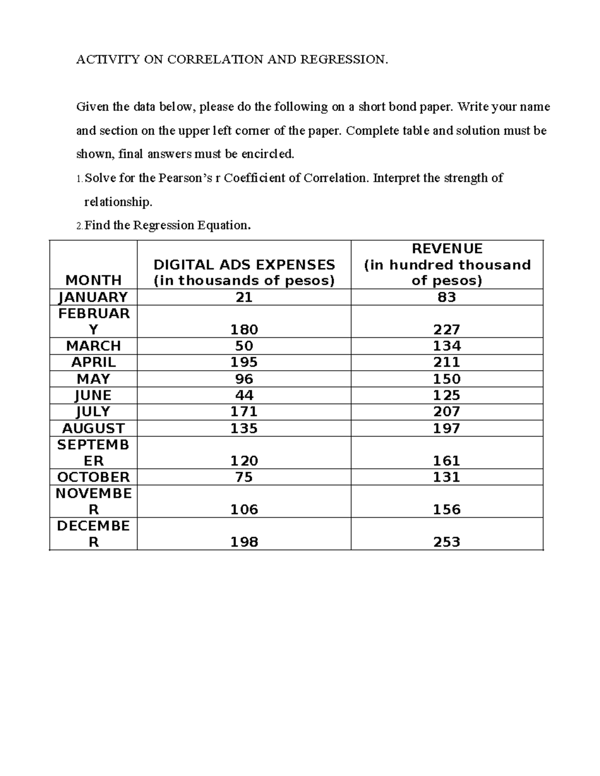 Activity ON Correlation AND Regression - ACTIVITY ON CORRELATION AND ...