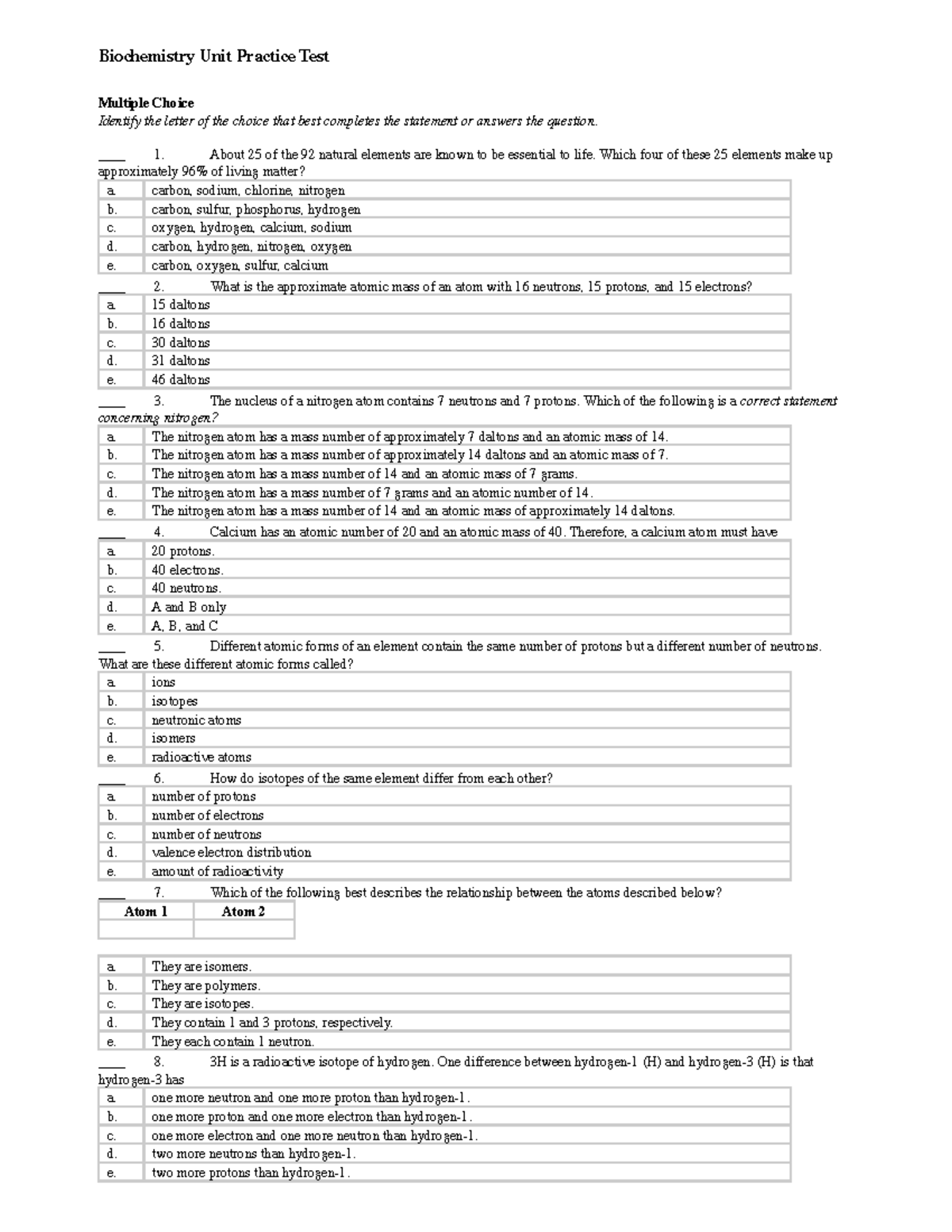 Bio chem practice test - Biochemistry Unit Practice Test Multiple ...