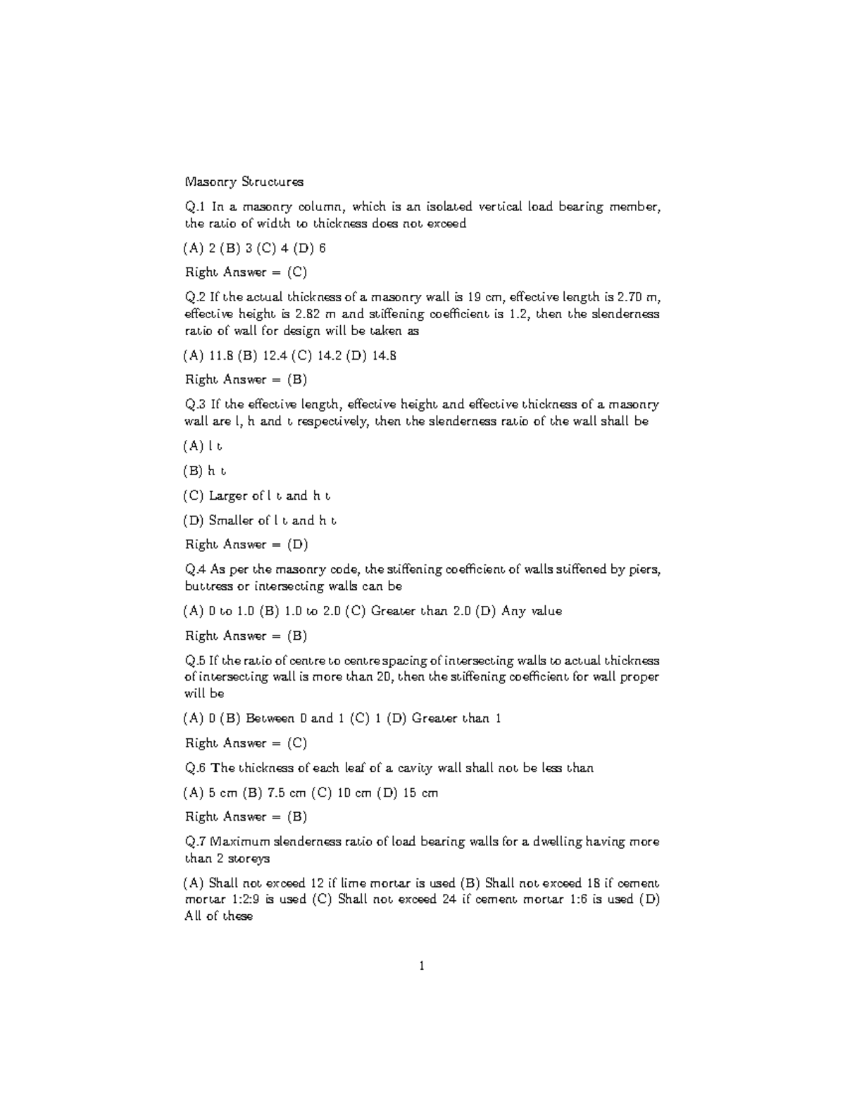 Masonry Structure - Right Answer = (B) Q If the e昀昀ective length, e昀昀 ...