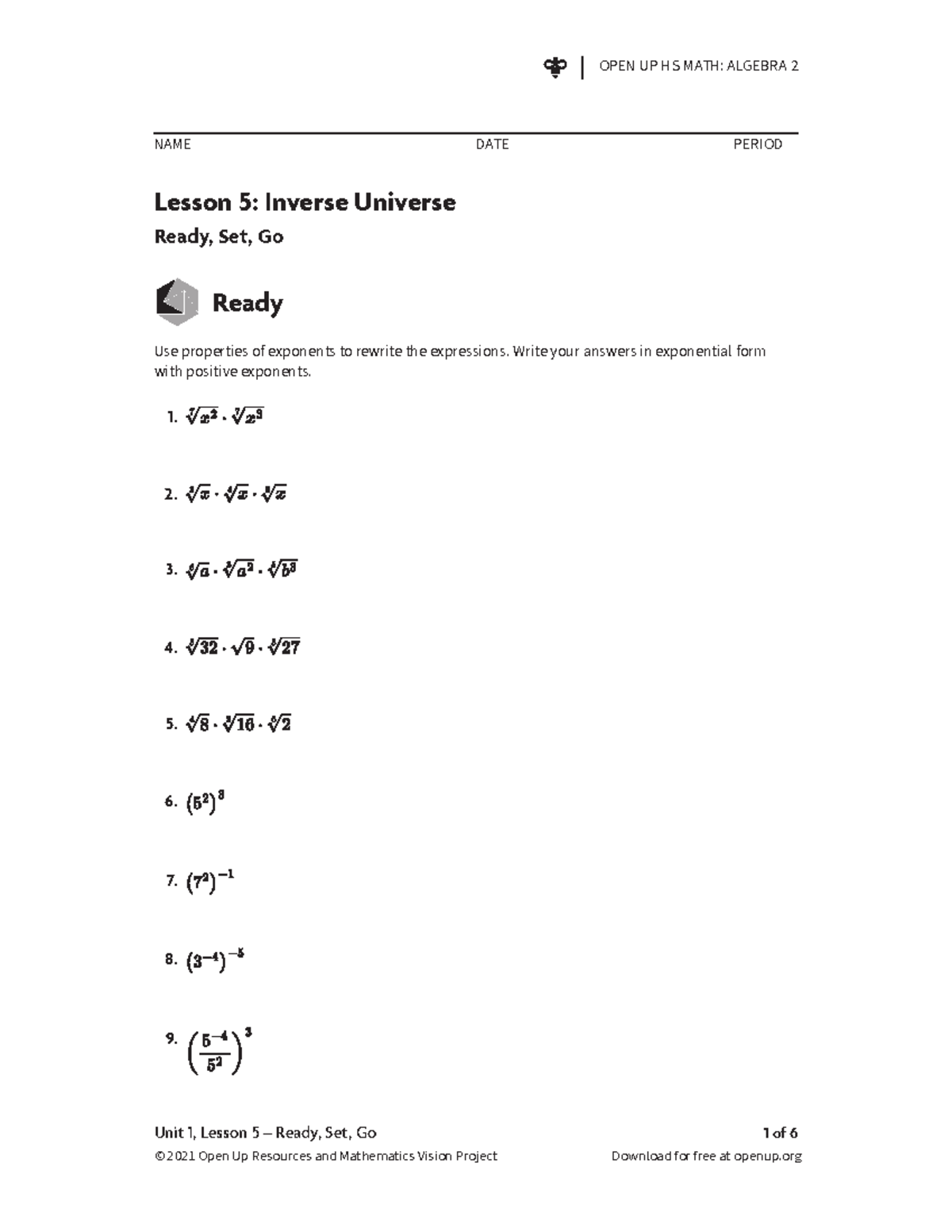 IM3-Unit 1-Study Guide - Lesson 5: Inverse Universe Ready, Set, Go ...