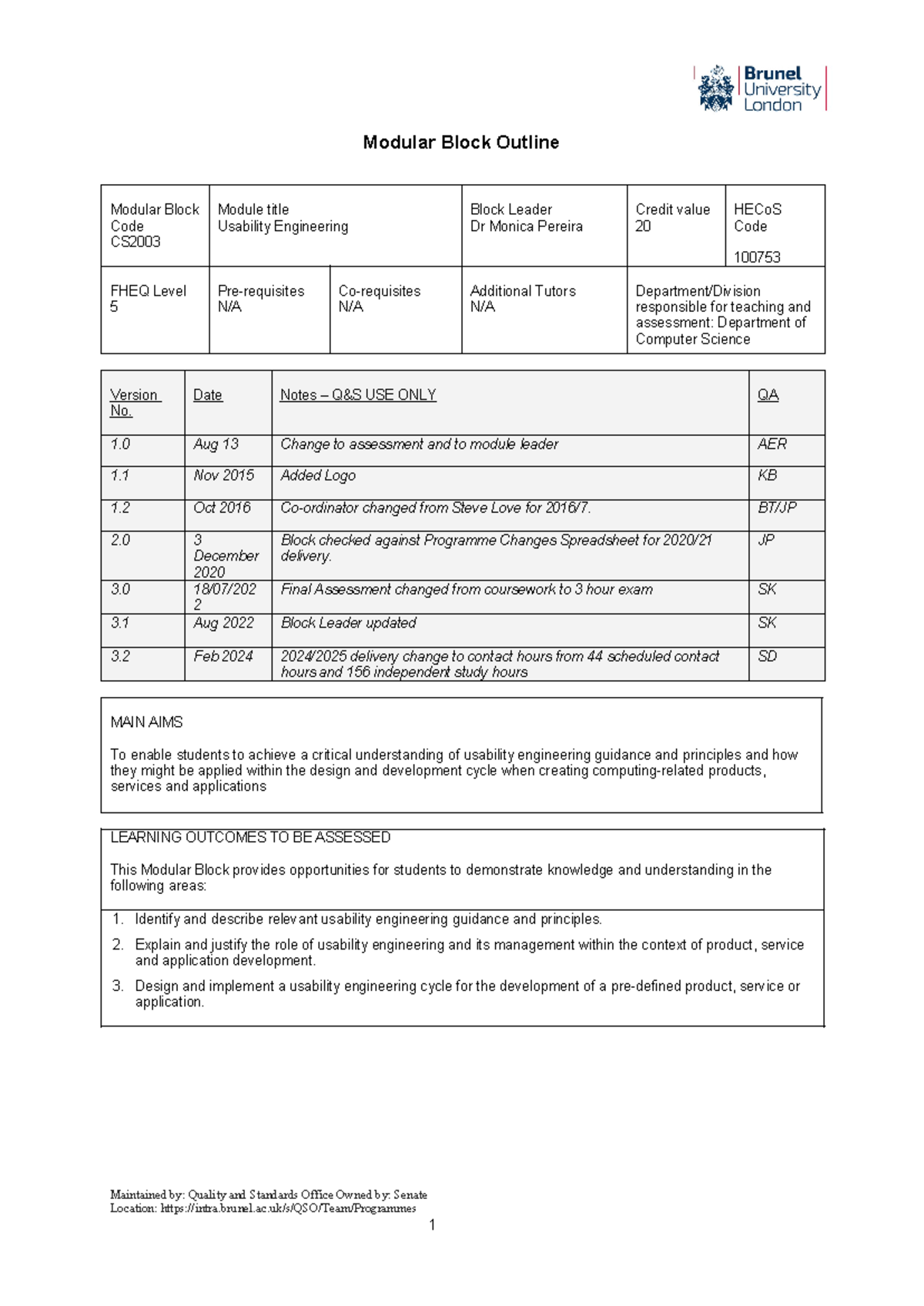 CS2003 Usability Engineering v3 - Modular Block Outline Modular Block ...